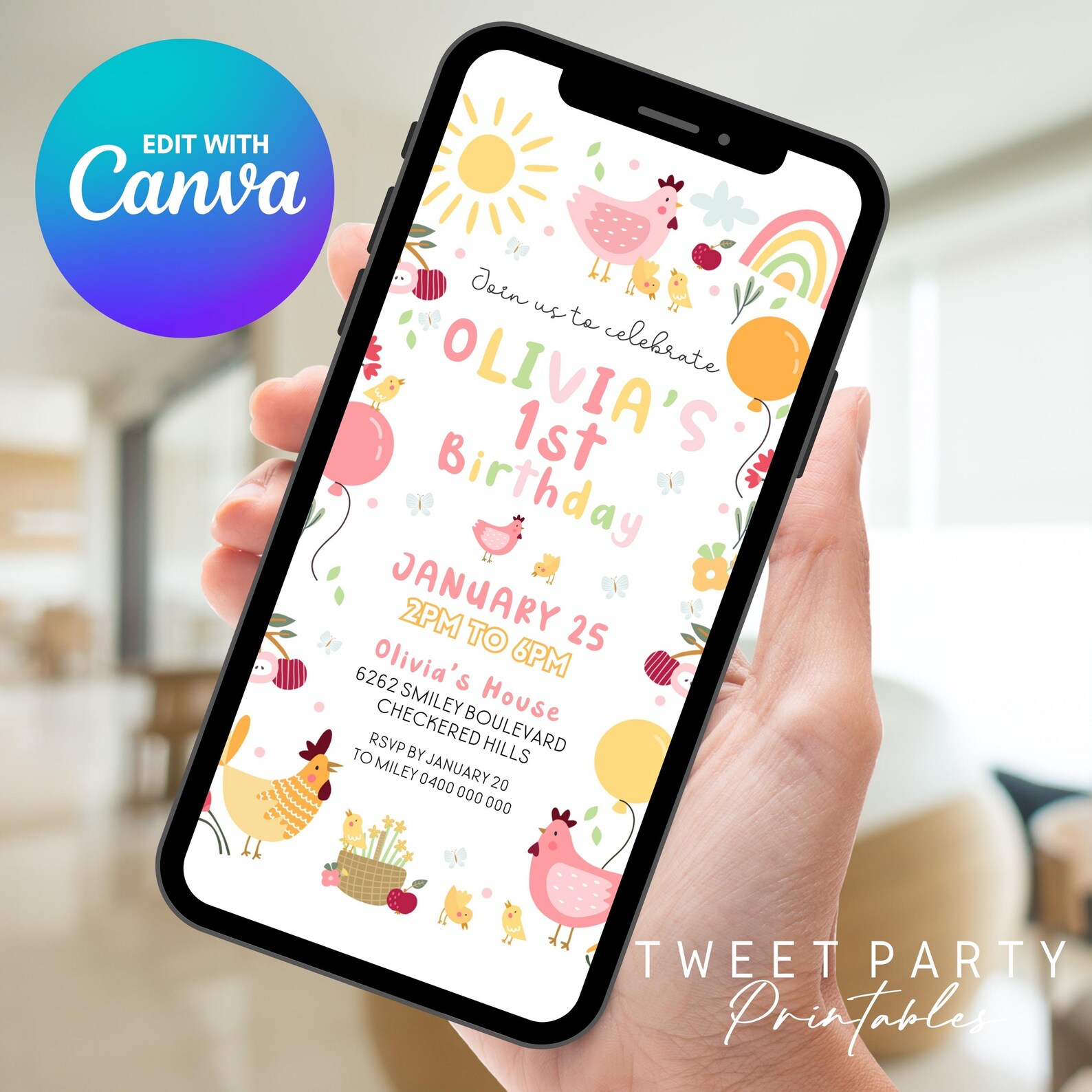 Chicken 1st Birthday Video Invitation: Editable Spring Chick (digital ...