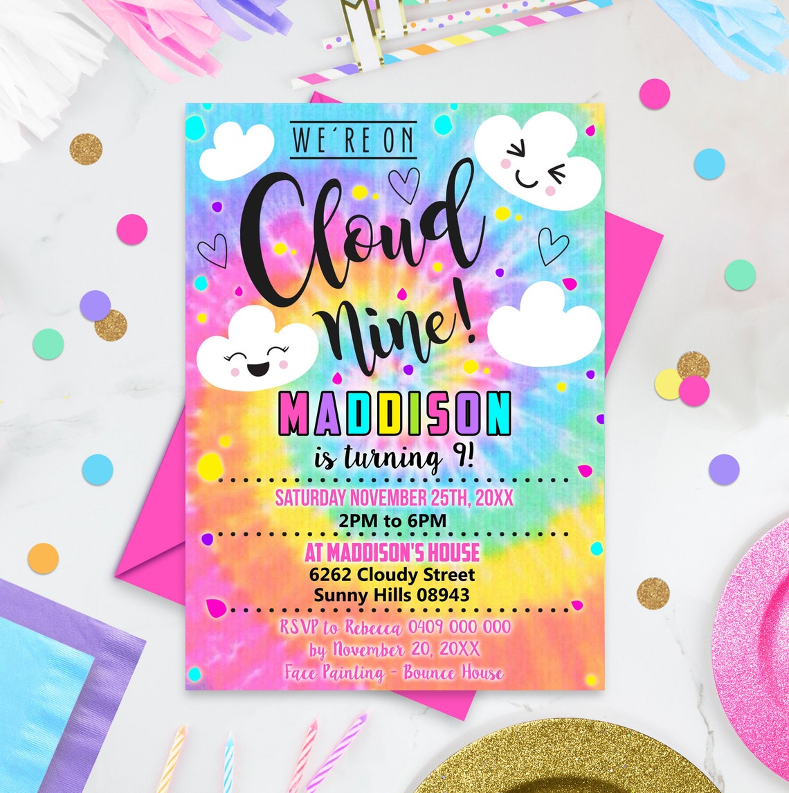 RAINBOW CLOUD 9 INVITATION Editable Rainbow Clouds 9th - Etsy