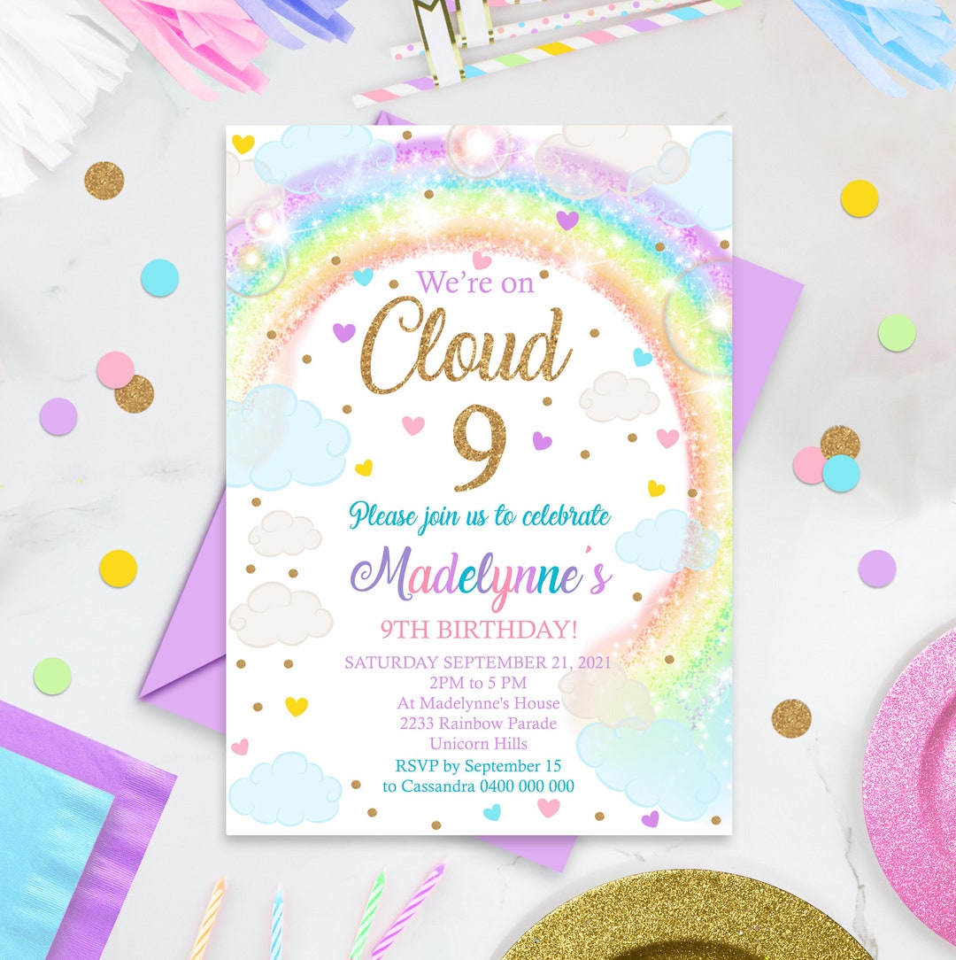 RAINBOW CLOUD 9 INVITATION Editable Rainbow Clouds 9th Birthday Invitation Corjl We're on Cloud ...