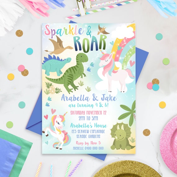 UNICORN and DINOSAUR Birthday Invitation Editable Unicorn - Etsy Australia