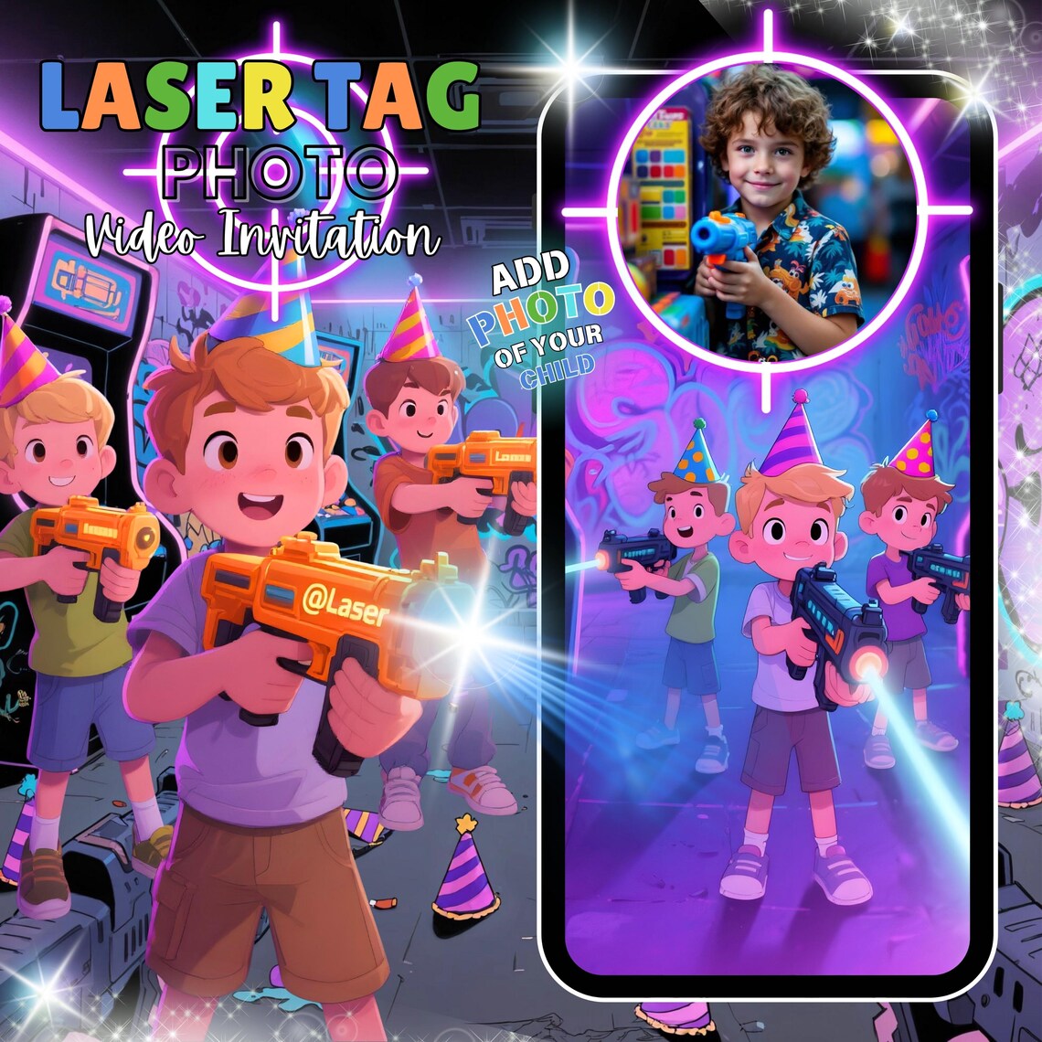 Laser Tag Birthday Video Invitation: Neon Photo Evite (digital Download ...