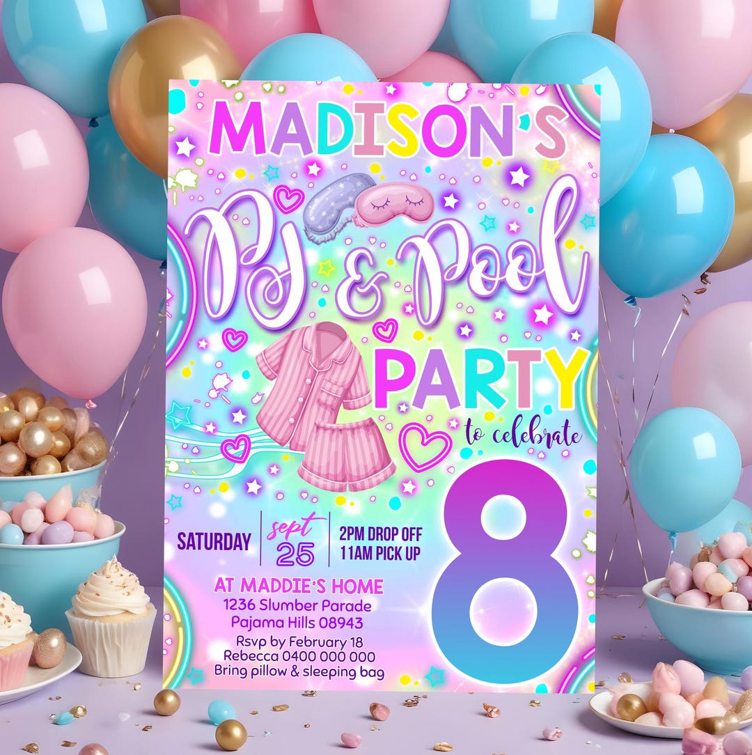 Pool and Sleepover Party Invitation: Summer Pajama Birthday, Editable ...