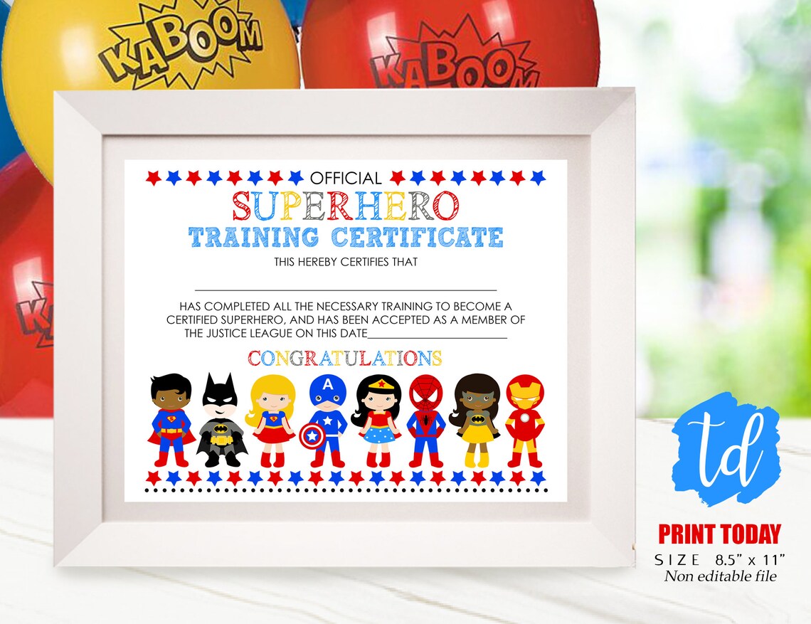 Superhero Training Certificate: Printable Party Favor (digital Download ...