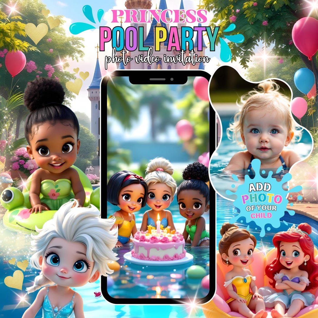Princess Pool Party Video Invitation: Editable Animated Template ...