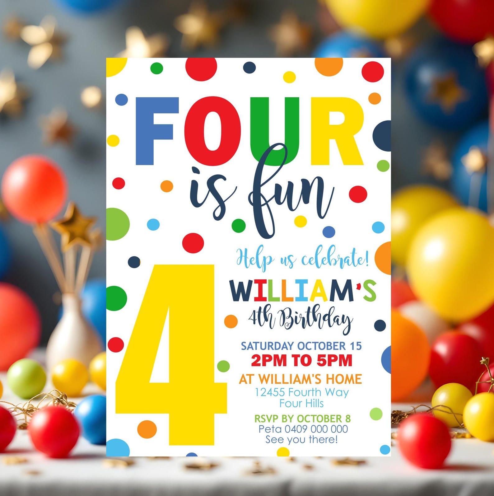 Four is Fun 4th Birthday Invitation: Polka Dot Primary Colors Evite ...
