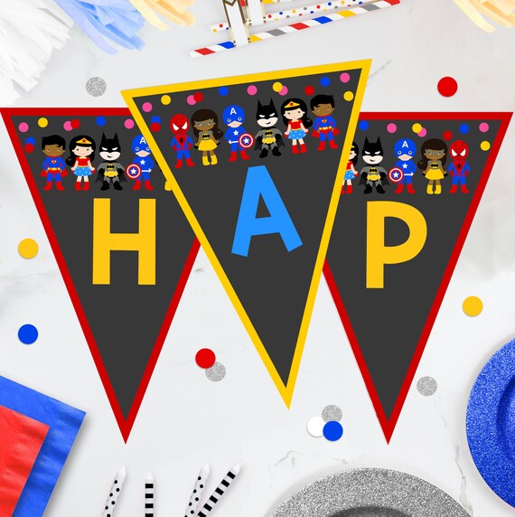 SUPERHERO Banner Editable Superhero Mixed Race Bunting | Etsy