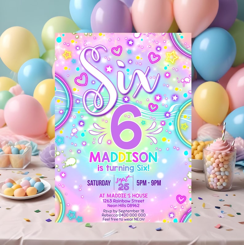 Neon Rainbow 6th Birthday Invitation: Girl Sixth Party Evite (digital ...