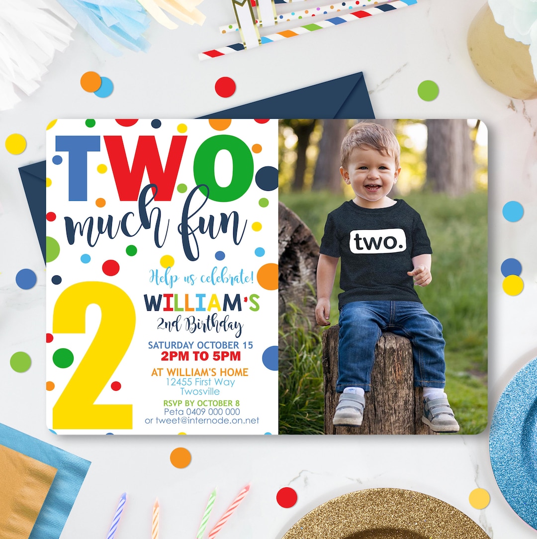 TWO MUCH FUN Birthday Invitation Editable Confetti Photo 2nd Birthday ...