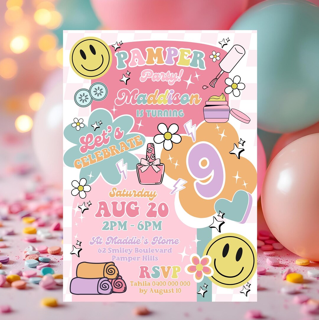 Retro Spa Party Invitation: Groovy Smiley Face, Daisy Design (digital ...