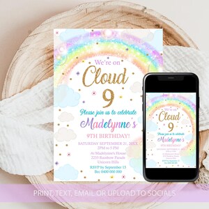 RAINBOW CLOUD 9 INVITATION Editable Rainbow Clouds 9th Birthday ...