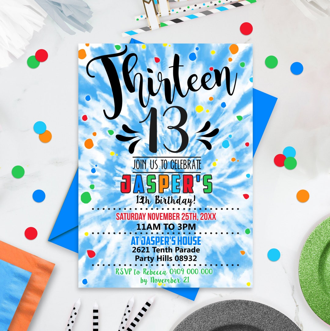 THIRTEEN BIRTHDAY INVITATION Tie Dye Invitation Instant Download Tie ...