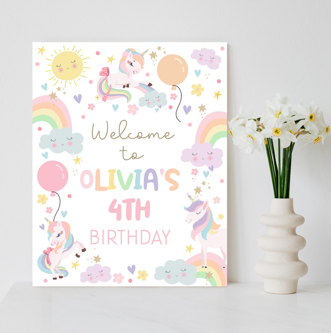 Rainbow Unicorn Welcome Sign: Editable Birthday Party Decor (digital ...