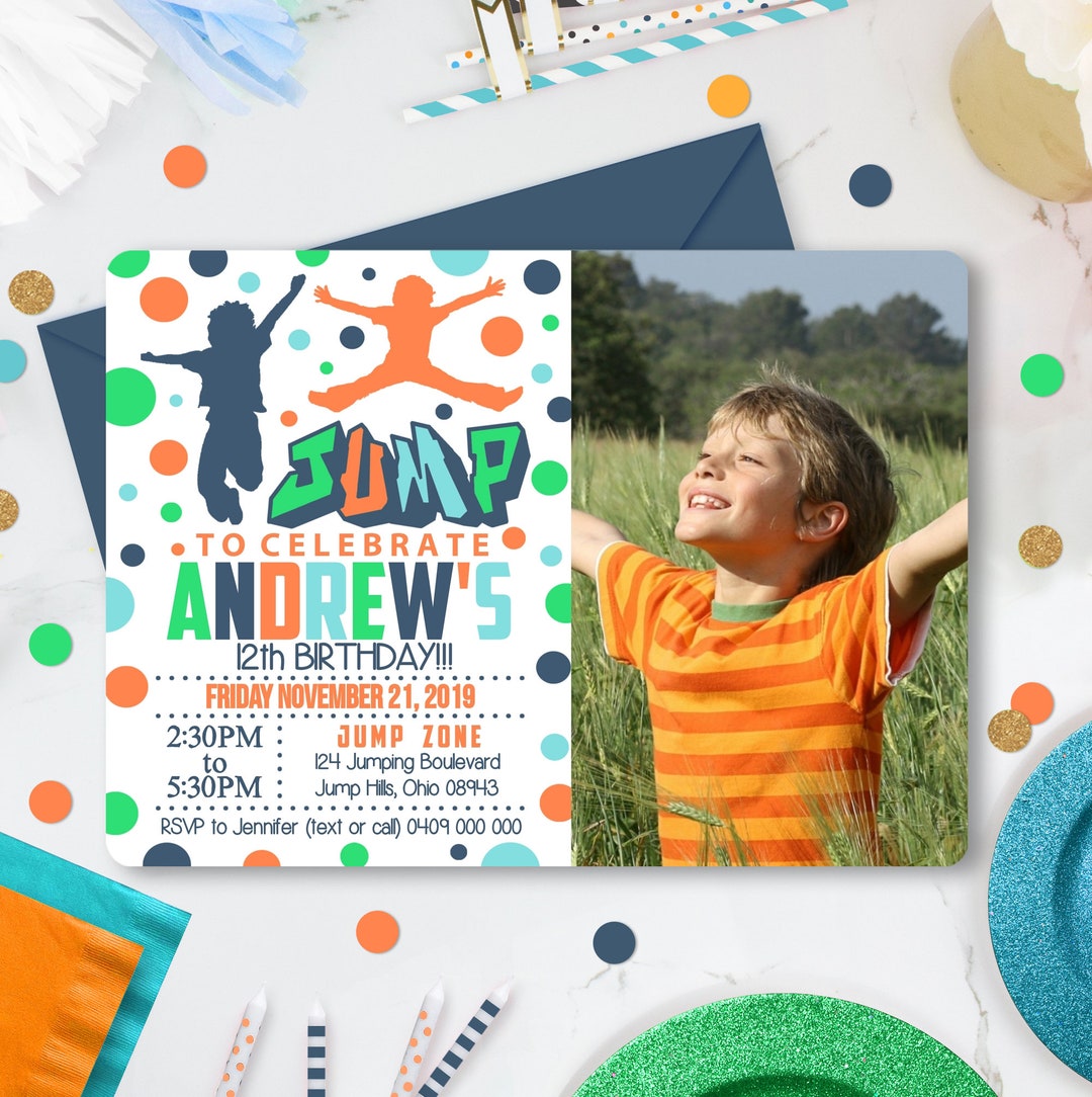 Boy Jump Photo Birthday Invitation: Trampoline Party (digital Download ...
