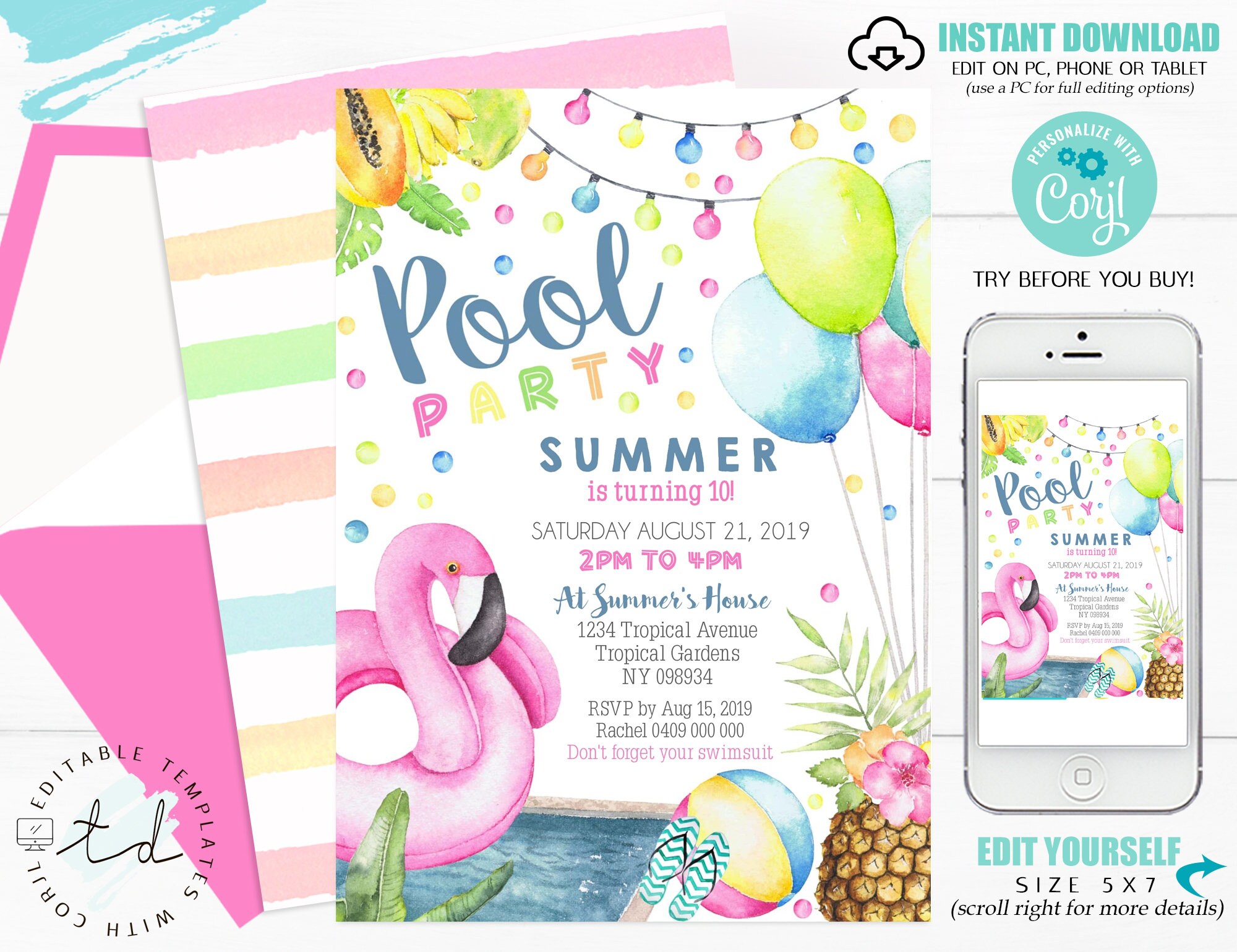 POOL PARTY Invitation Girl Pool Party Invitation Flamingo Pool - Etsy