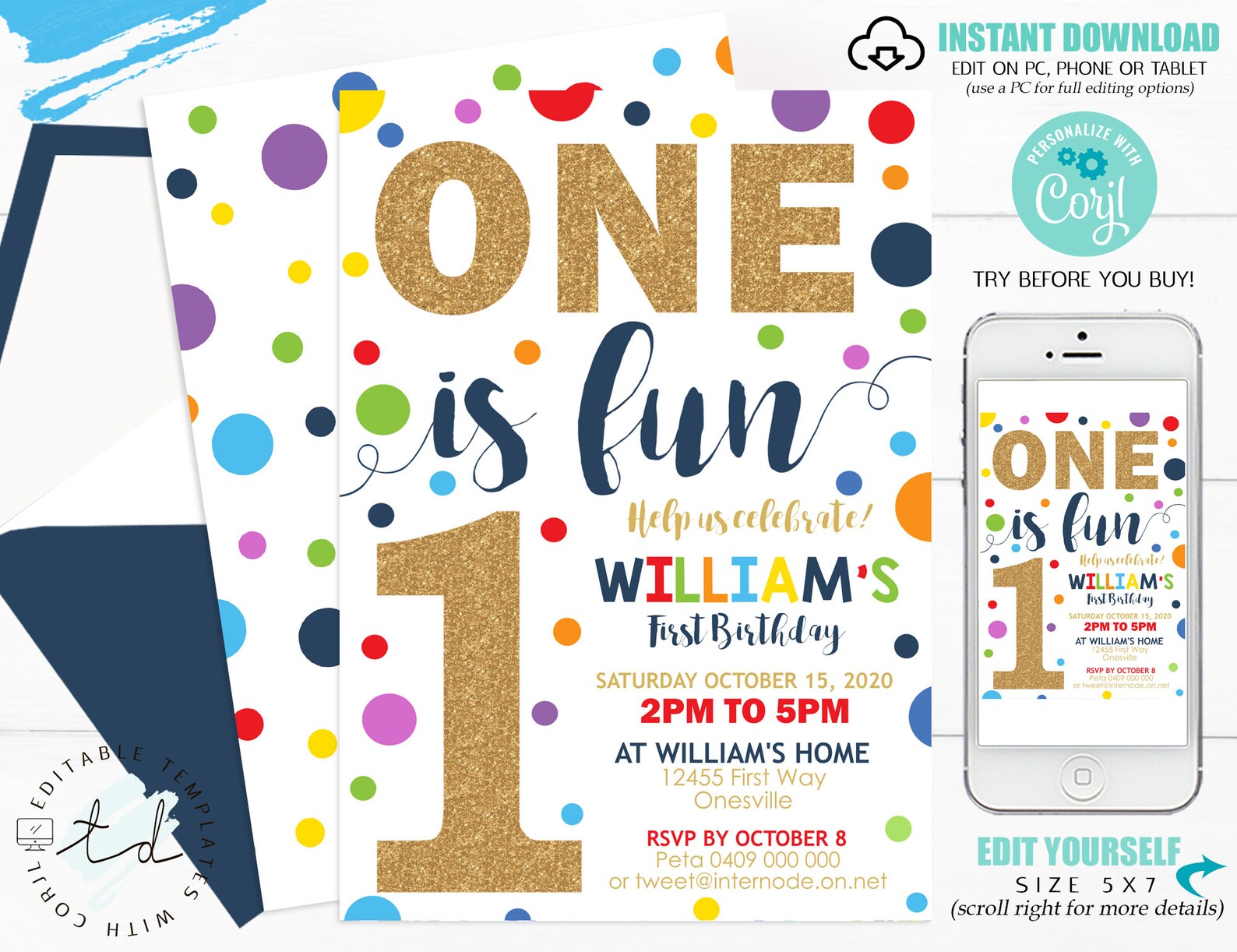 Confetti Boy 1st Birthday Invitation: Polka Dot Primary Colors (digital ...