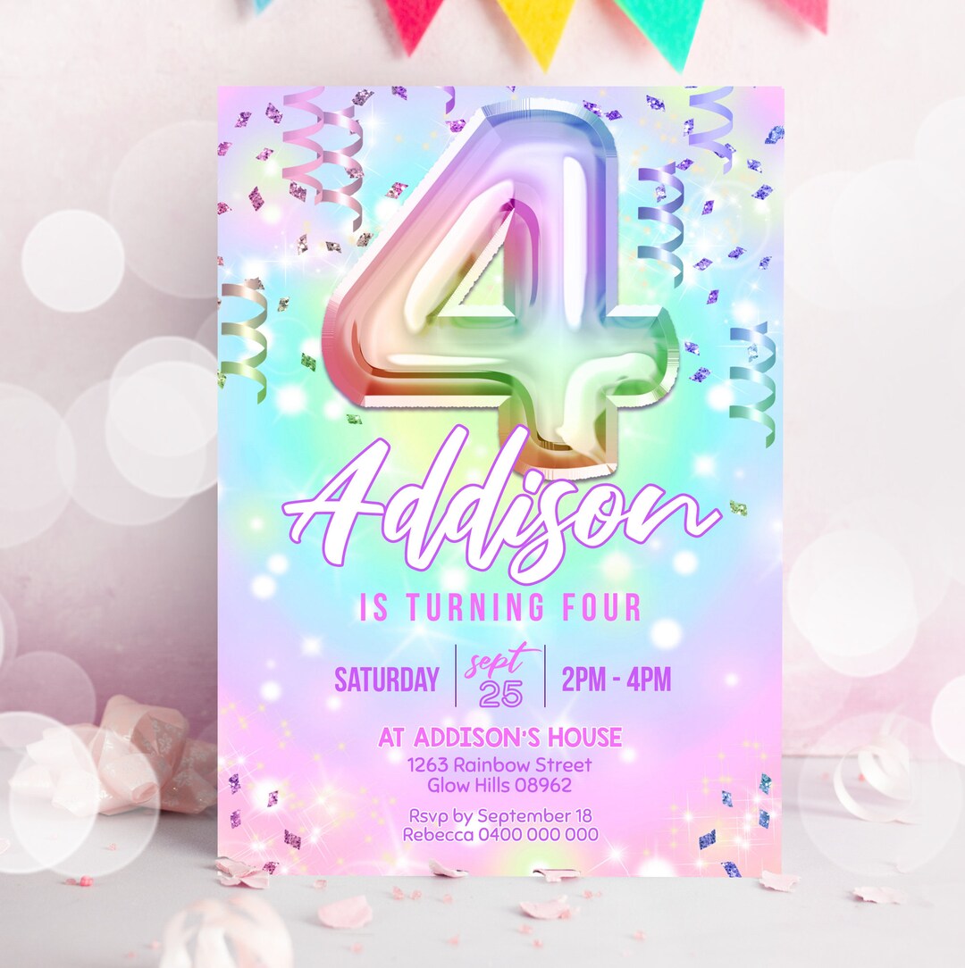 4TH BIRTHDAY Invitation Instant Download Rainbow 4th Birthday ...
