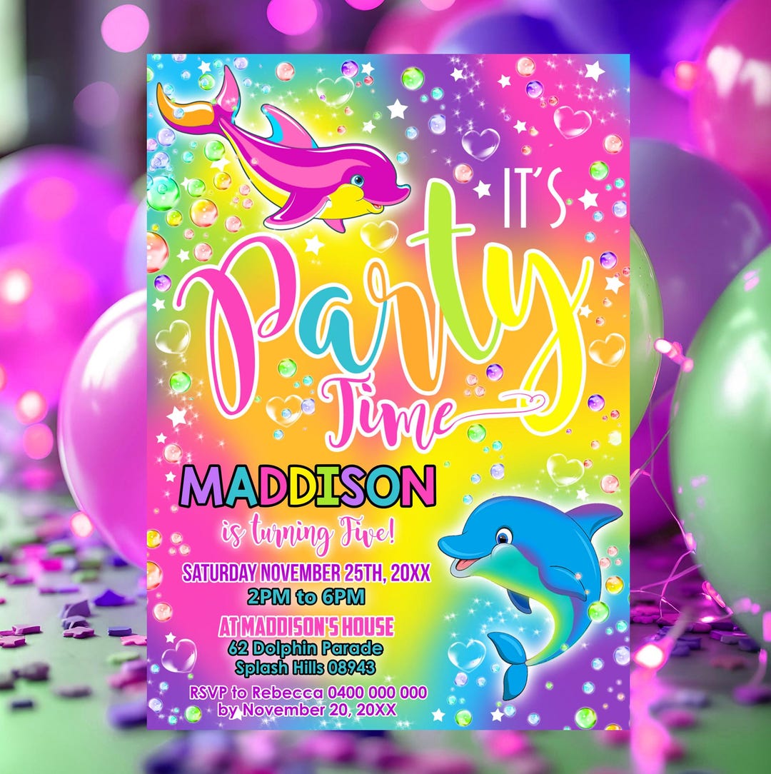 Rainbow Dolphin Birthday Invitation: Editable Pool Party Evite (digital ...