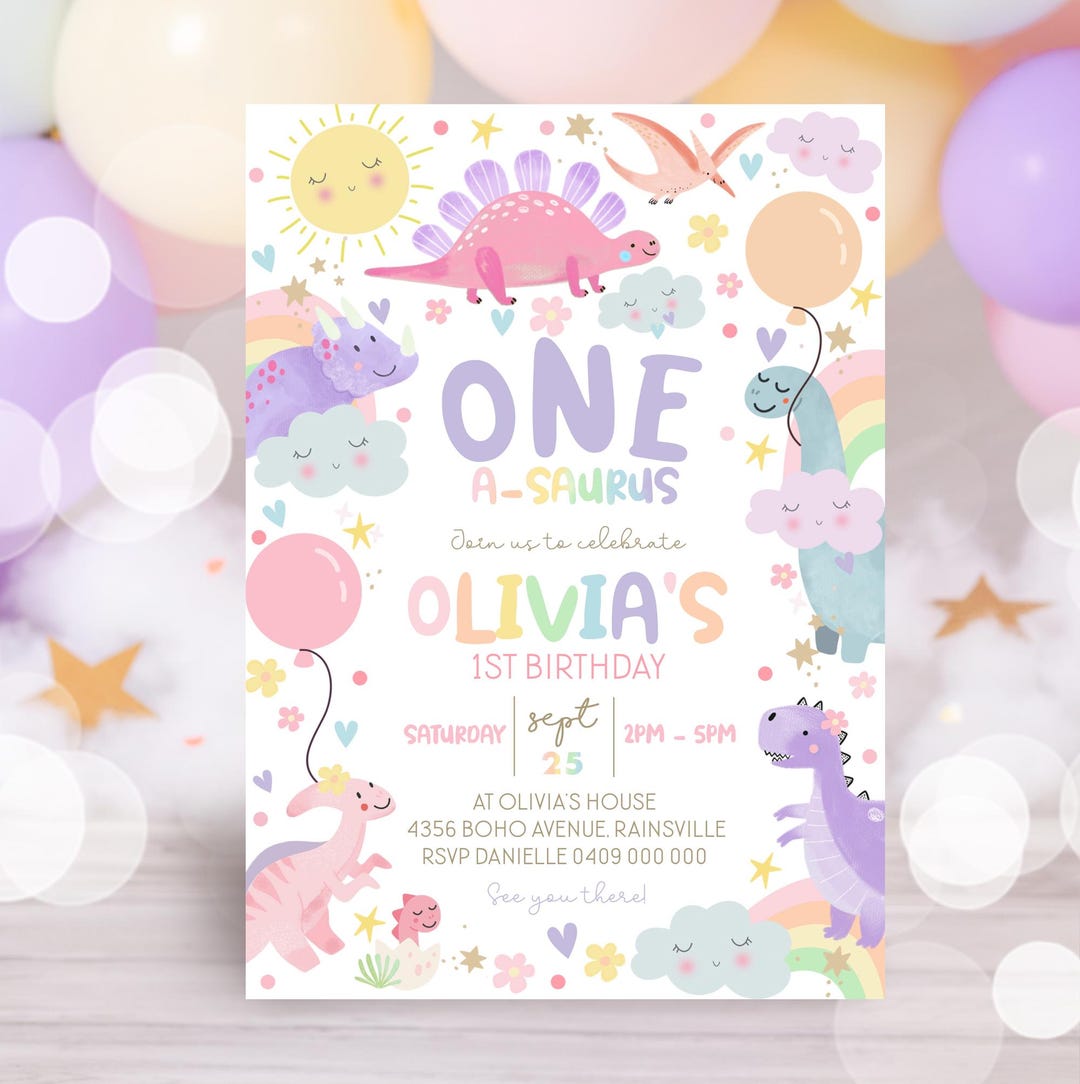 Girl Dinosaur First Birthday Invitation: Rainbow Oneasaurus Dino Evite ...