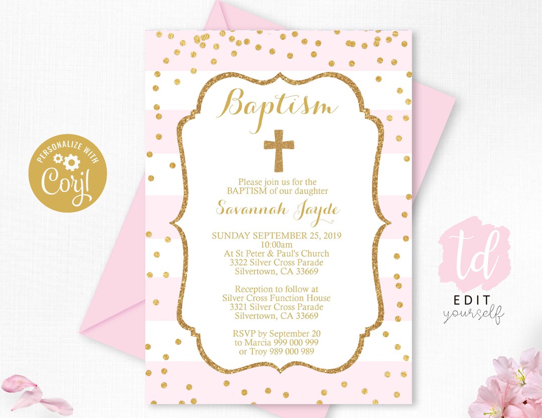 Baby Pink Baptism Invitation Instant Download Girl Baptism Invitation ...
