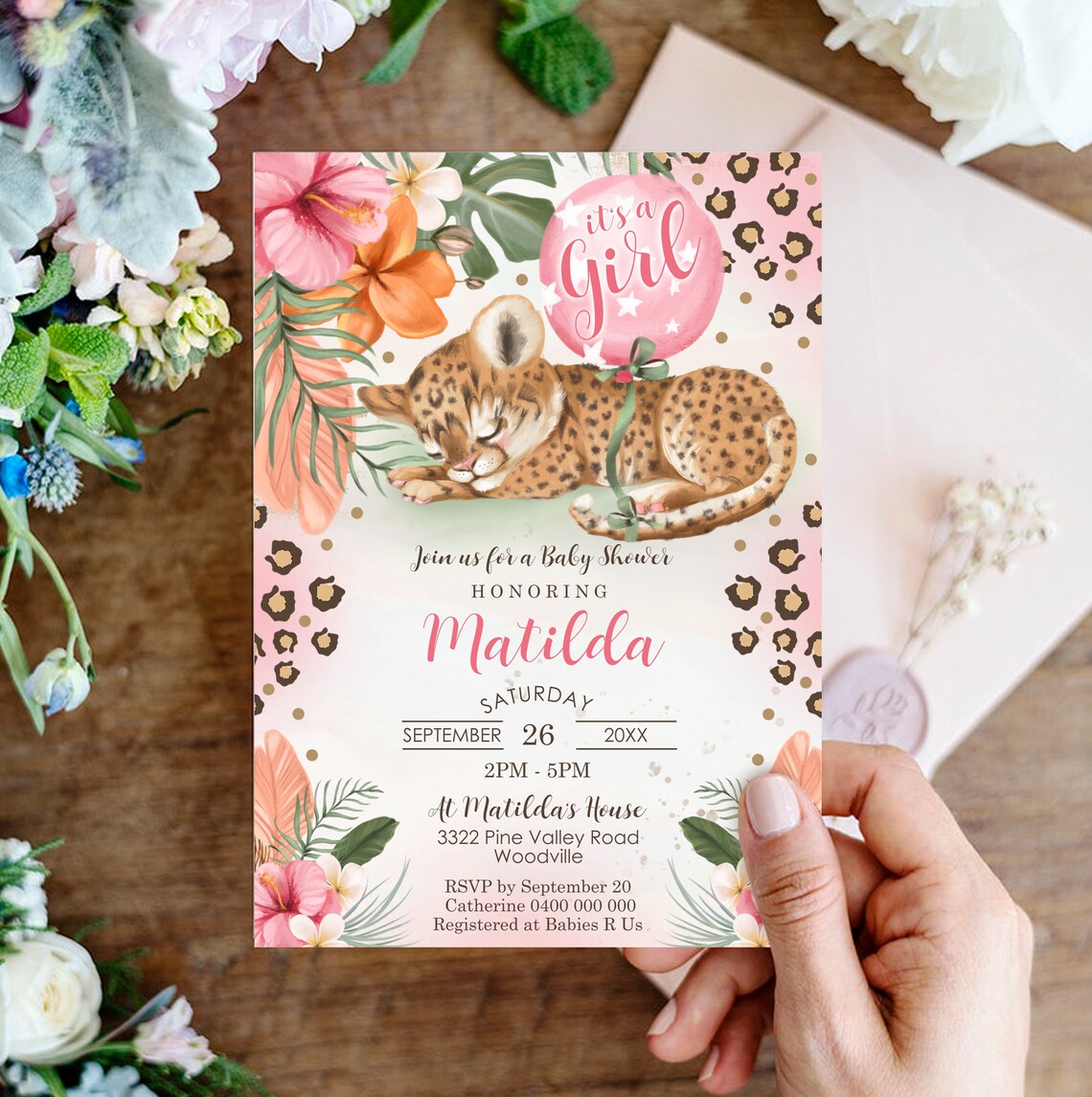 Cheetah Baby Shower Invitation Girl: Tropical Flowers (DIY Editable ...