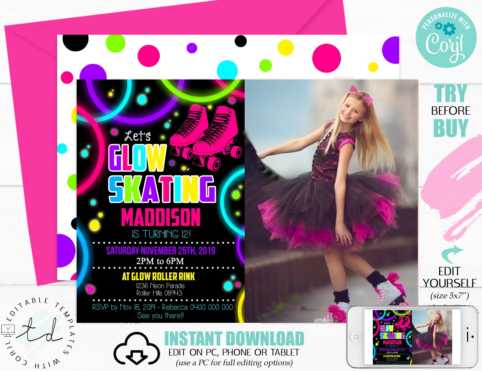 ROLLER SKATE GLOW Invitation Roller Skate Invitation Corjl - Etsy