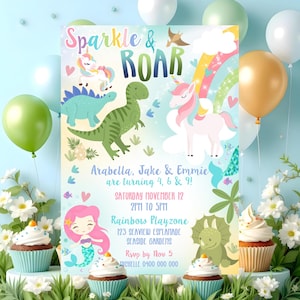 Unicorn Dinosaur Mermaid Birthday Invitation: Editable Triplets Party ...