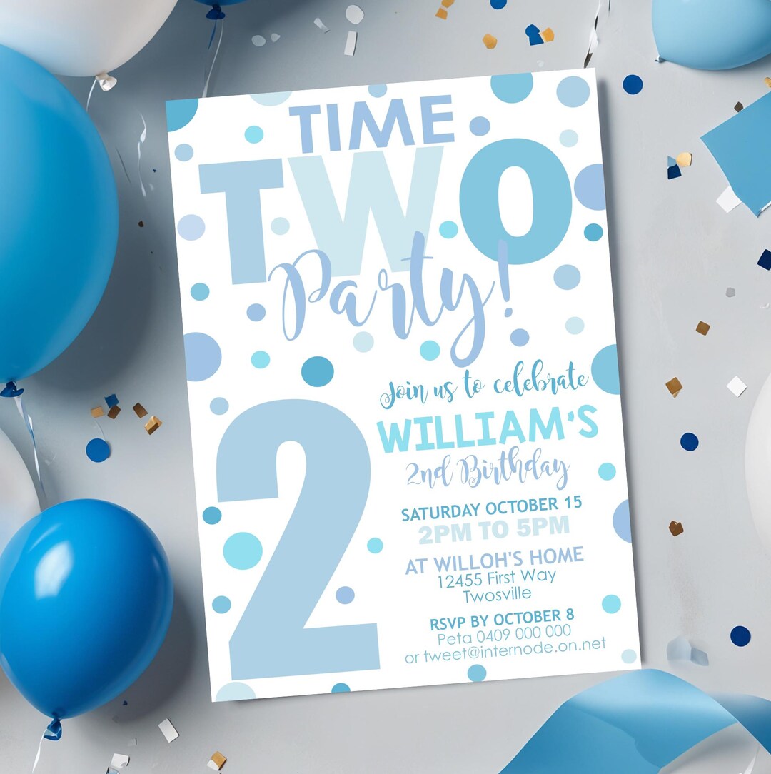 Time Two Party Invitation: Blue Polka Dot 2nd Birthday (digital ...