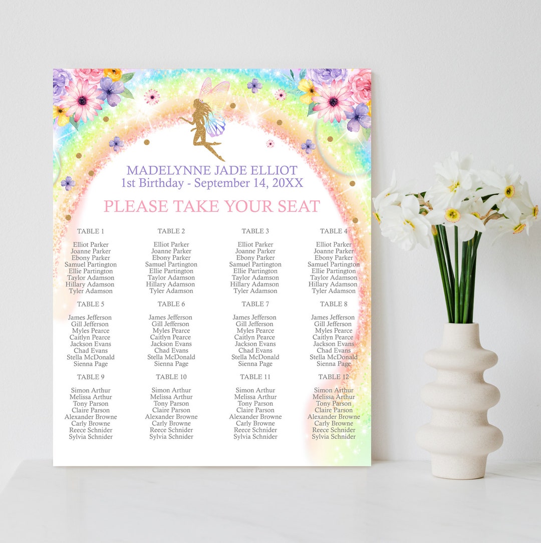 Rainbow Fairy SEATING CHART Instant DOWNLOAD Fairy Baby Shower Seating ...