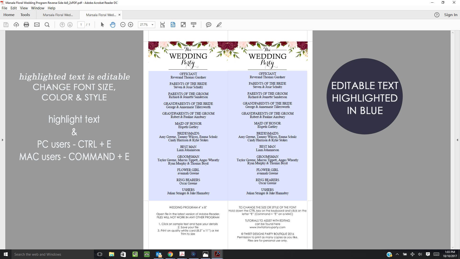 Wedding Program Template Instant Download Burgundy Wedding | Etsy