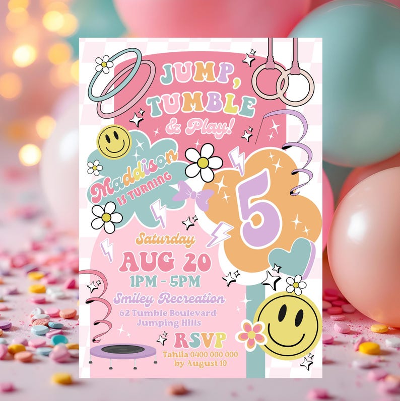 Gymnastics Birthday Invitation: Jump Tumble and Play Gym Party Evite ...
