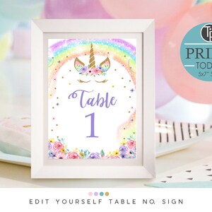 Rainbow Unicorn Table Numbers Printable Table Numbers Editable Table ...