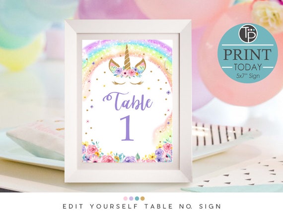 Rainbow Unicorn Table Numbers Printable Table Numbers Editable | Etsy