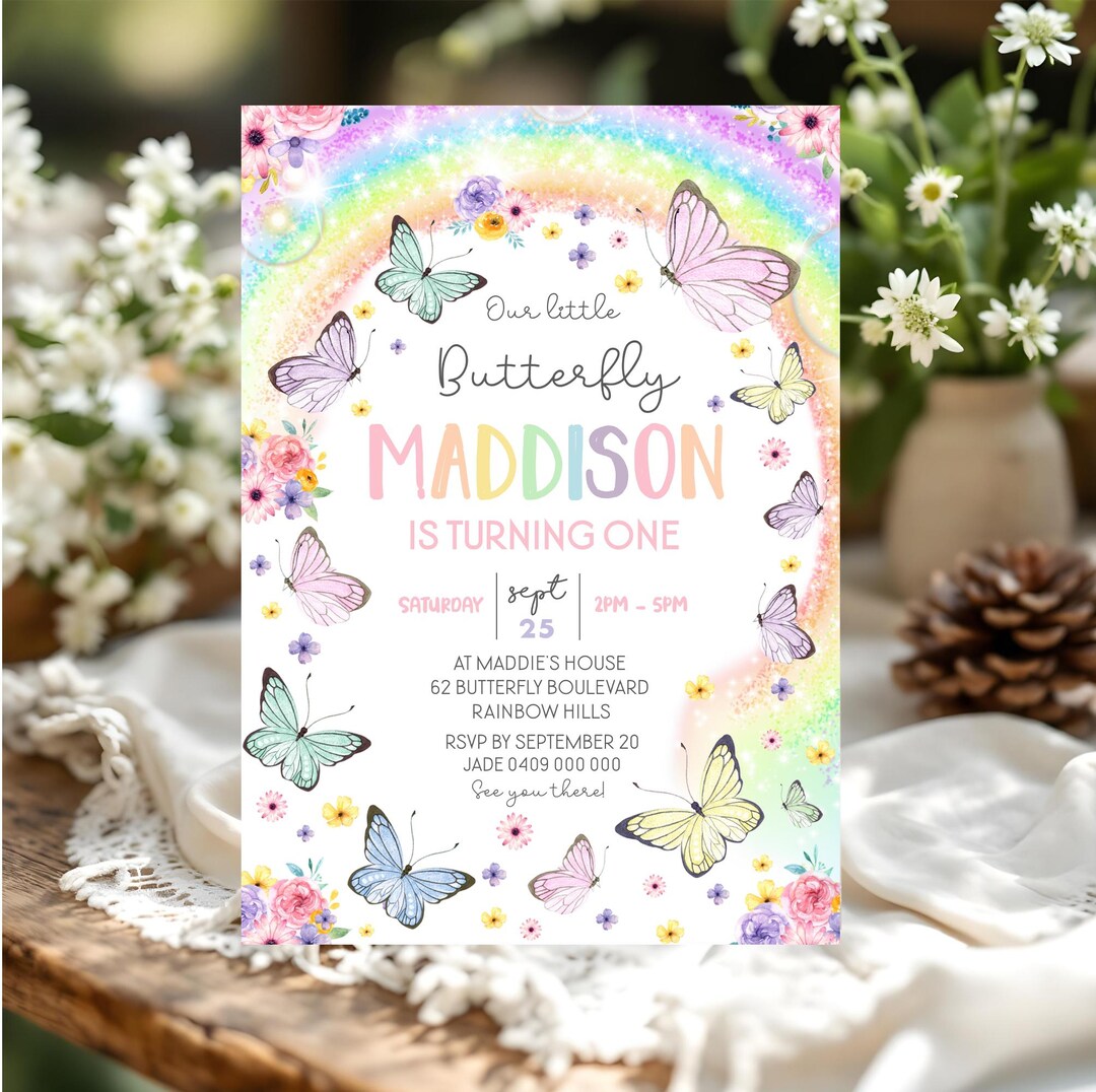 BUTTERFLY FIRST BIRTHDAY Invitation Butterfly Rainbow Invitation ...