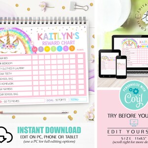 EDITABLE RAINBOW UNICORN Reward Chart Rainbow Reward Chart Instant ...