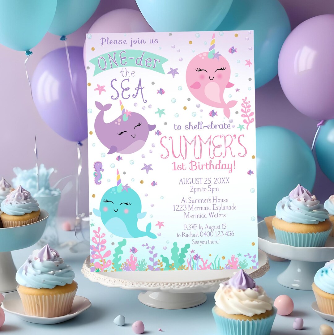 NARWHAL FIRST BIRTHDAY Invitation Instant Download Girl Narwhal 1st ...