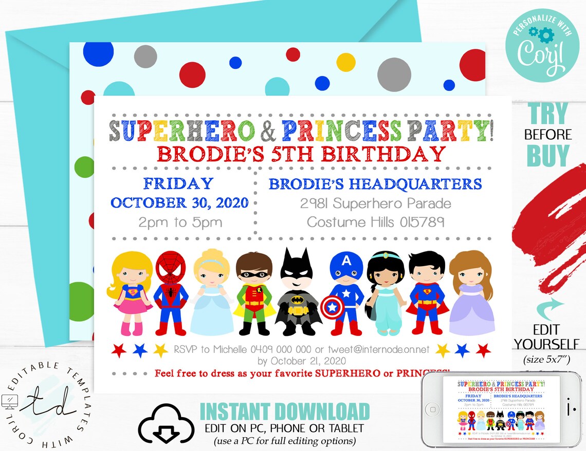 Superhero Princess Party Invitation: Editable Costume Birthday 5x7 ...