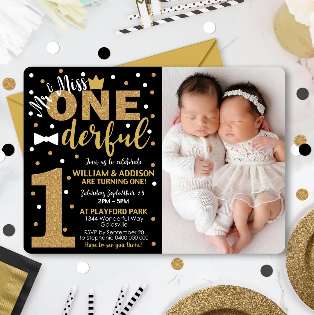 Twins Onederful Invitation Photo Editable Boy Girl Twins Onederful 1st ...