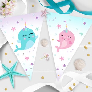 NARWHAL BUNTING Flags Editable Narwhal Birthday Banner Corjl Narwhal ...