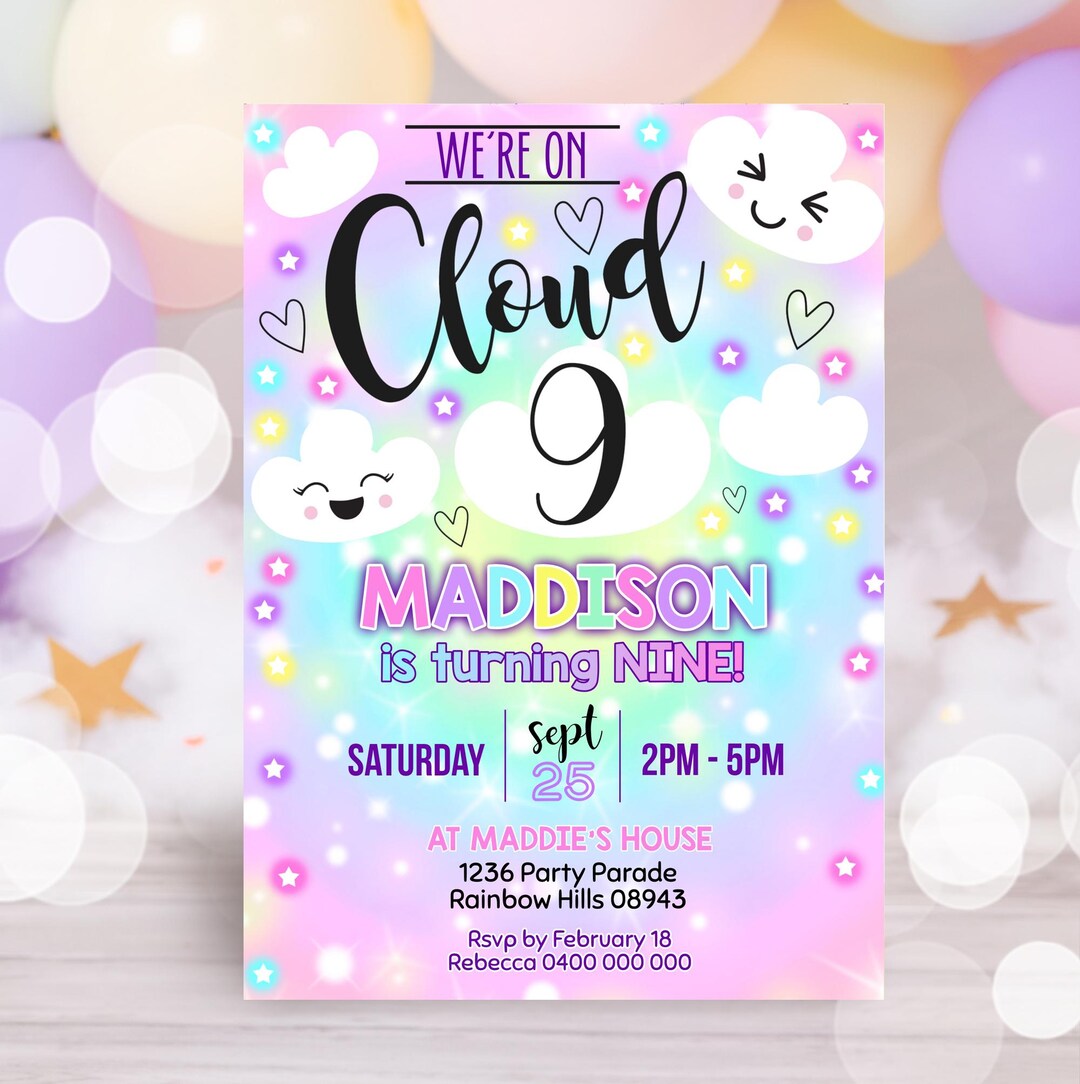 RAINBOW CLOUD 9 INVITATION Editable Rainbow Clouds 9th Birthday ...