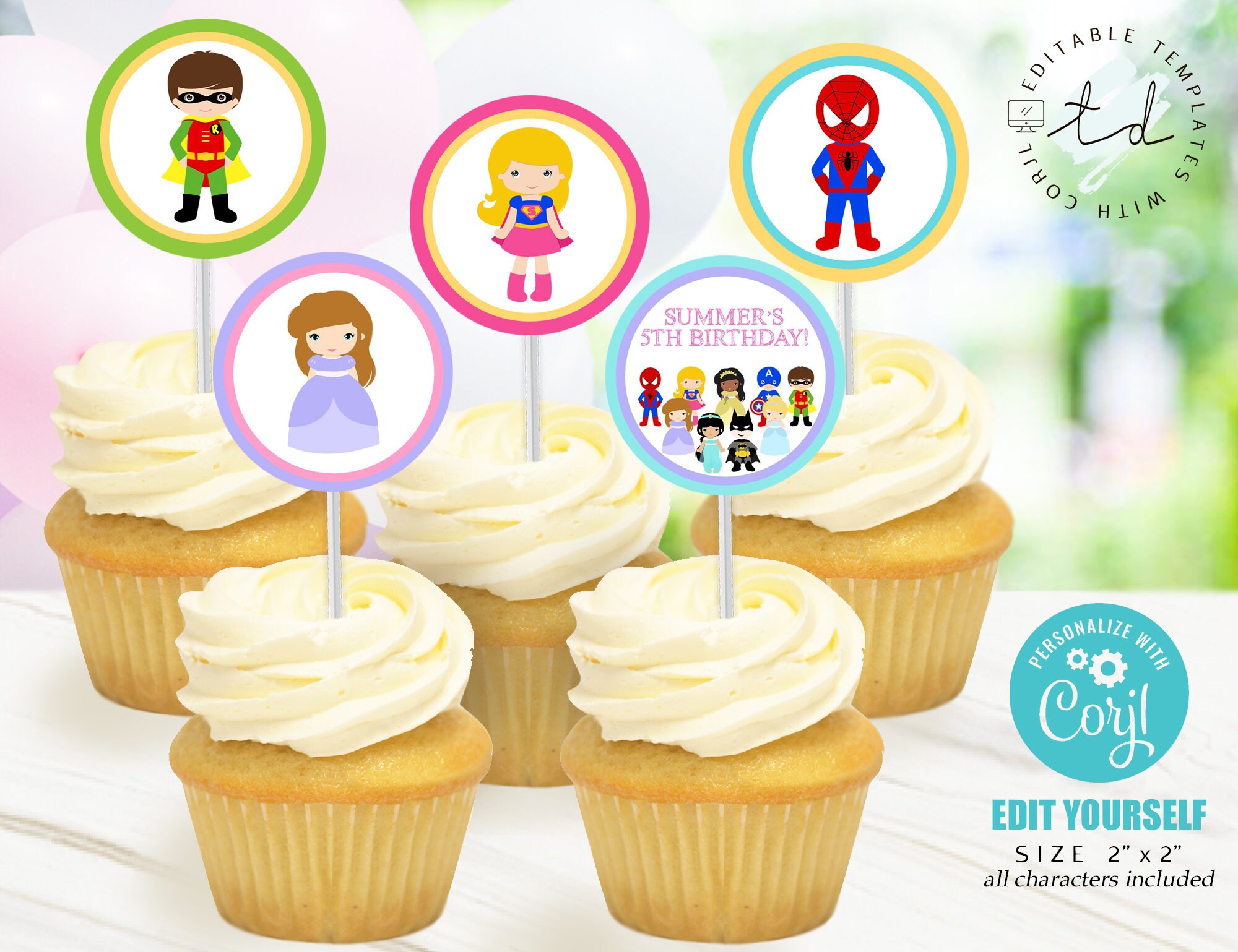 Princess Superhero Cupcake Toppers: Editable Party Decor (digital ...
