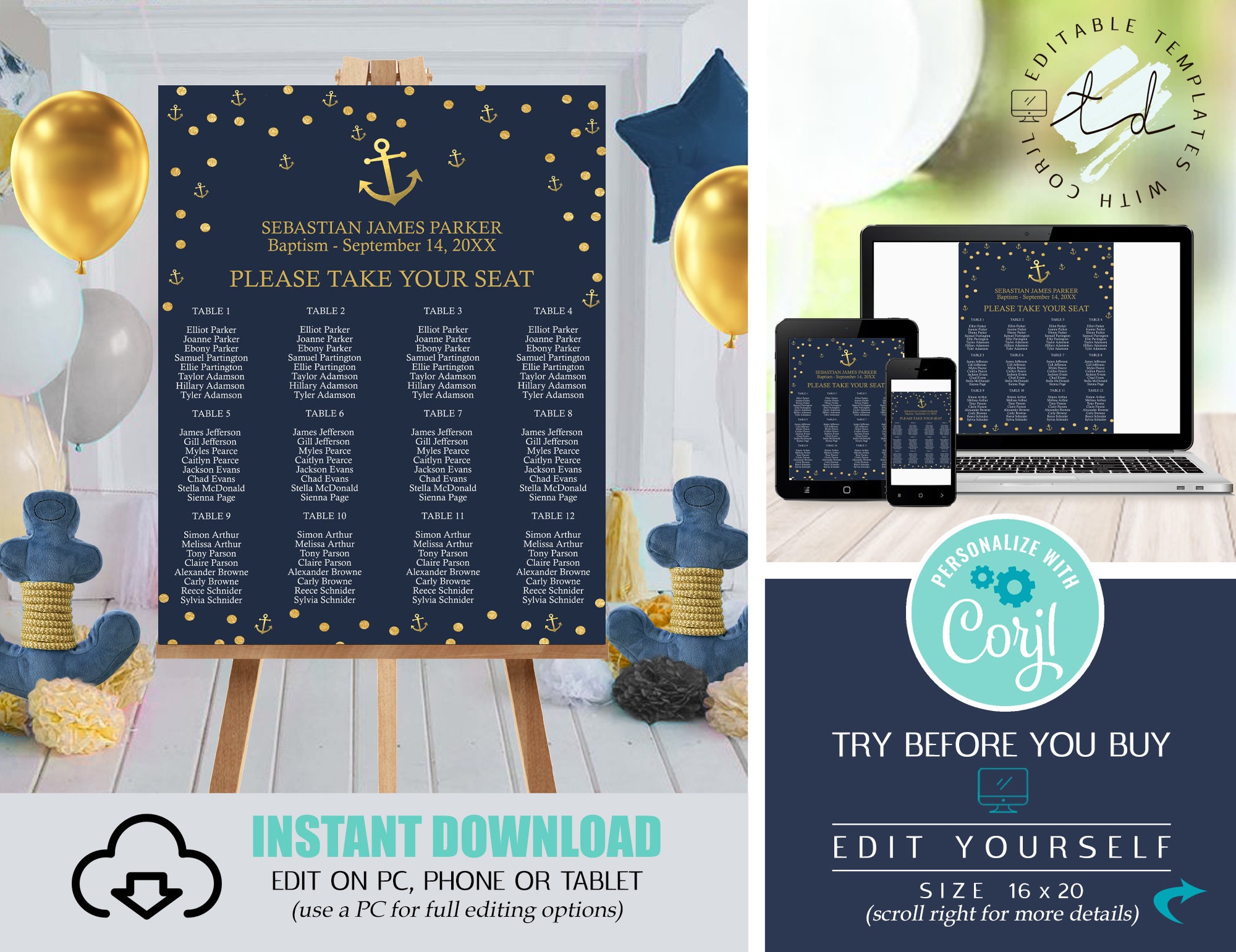 Nautical SEATING CHART Instant DOWNLOAD 16 X 20 Seating Sign - Etsy