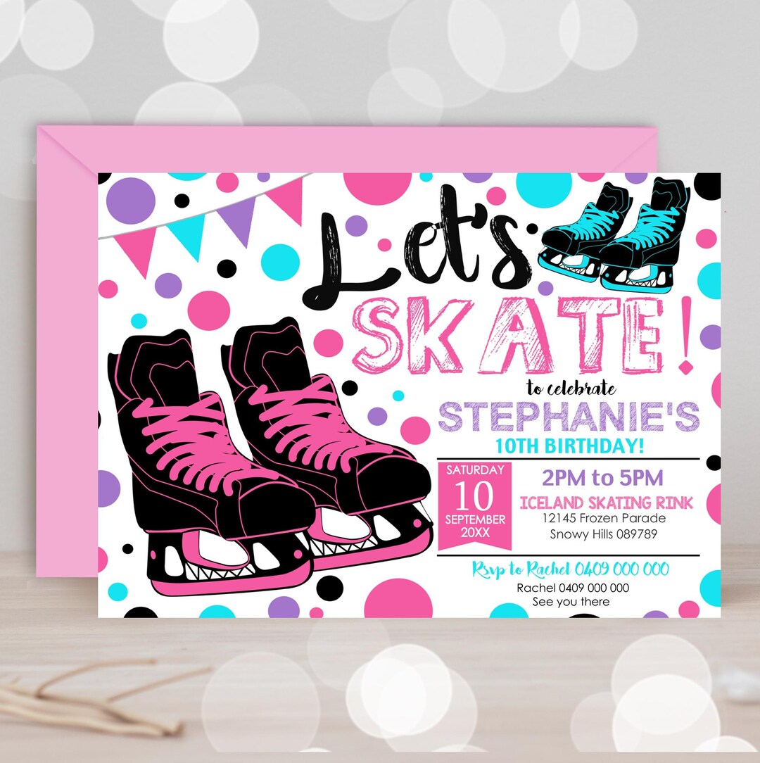 Girl Ice Skating Birthday Invitation: Pink & Blue Disco Theme (DIY ...
