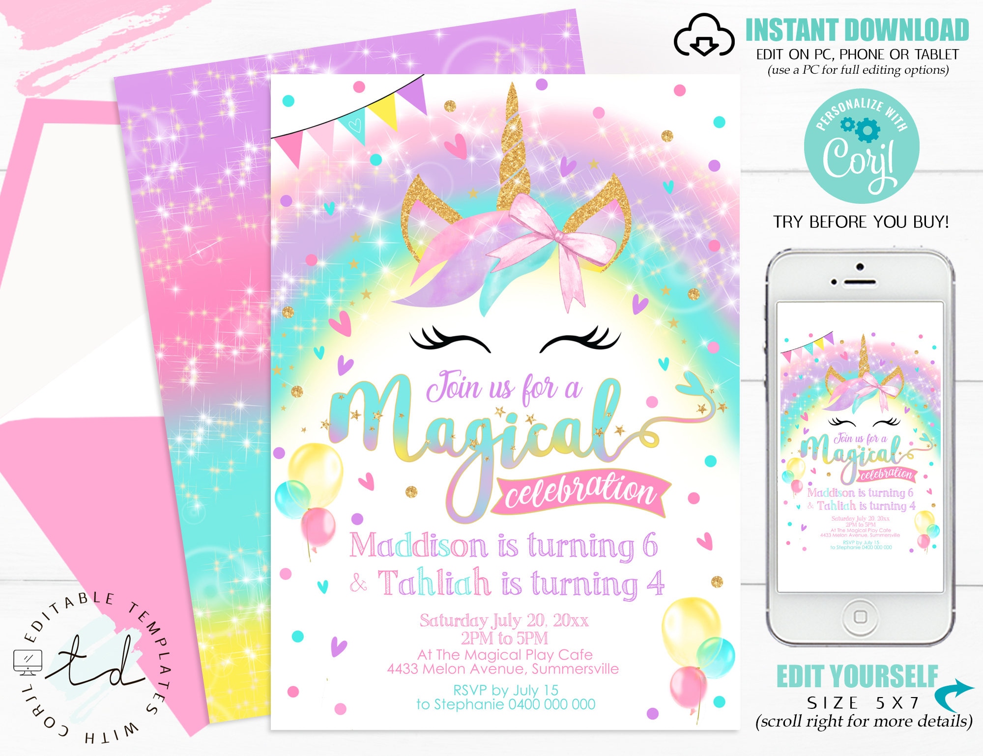 RAINBOW UNICORN Party Invitation Sibling Unicorn Invitation | Etsy