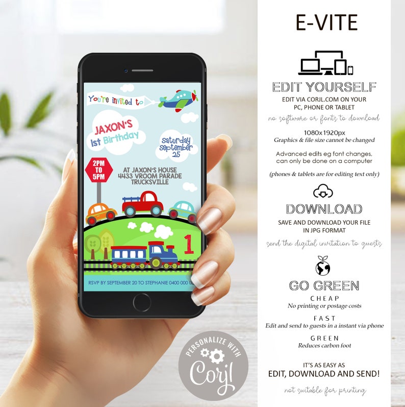 Transportation Birthday Evite, Cars, Trains, Planes Party (digital ...