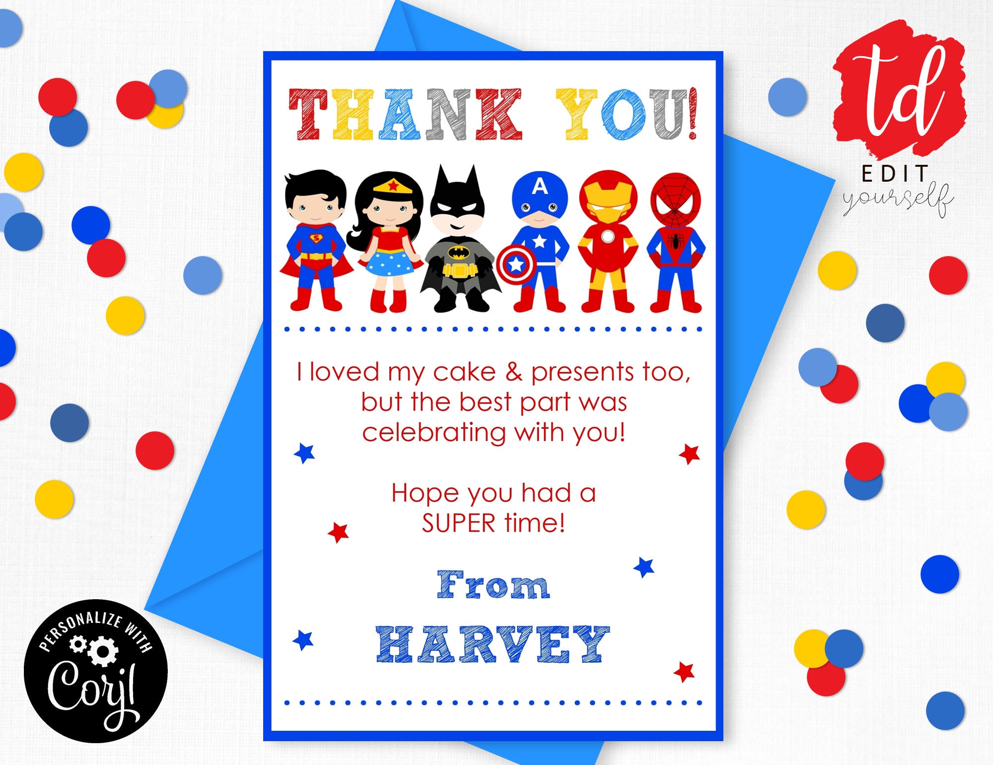 Superhero THANK YOU CARD Instant Download Superhero Thank You - Etsy