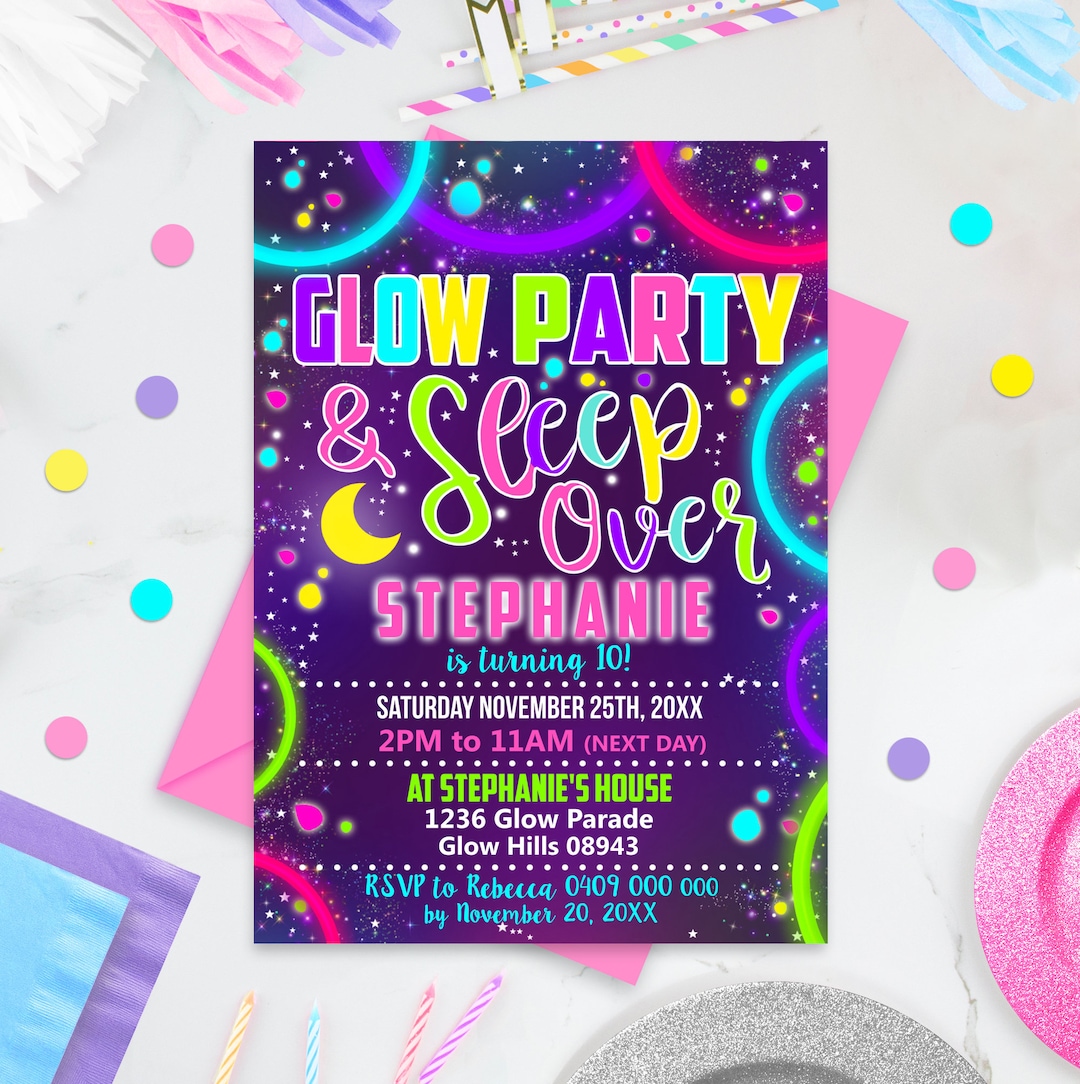 SLEEPOVER GLOW INVITATION Glow Slumber Invitation Sleep Over Birthday ...