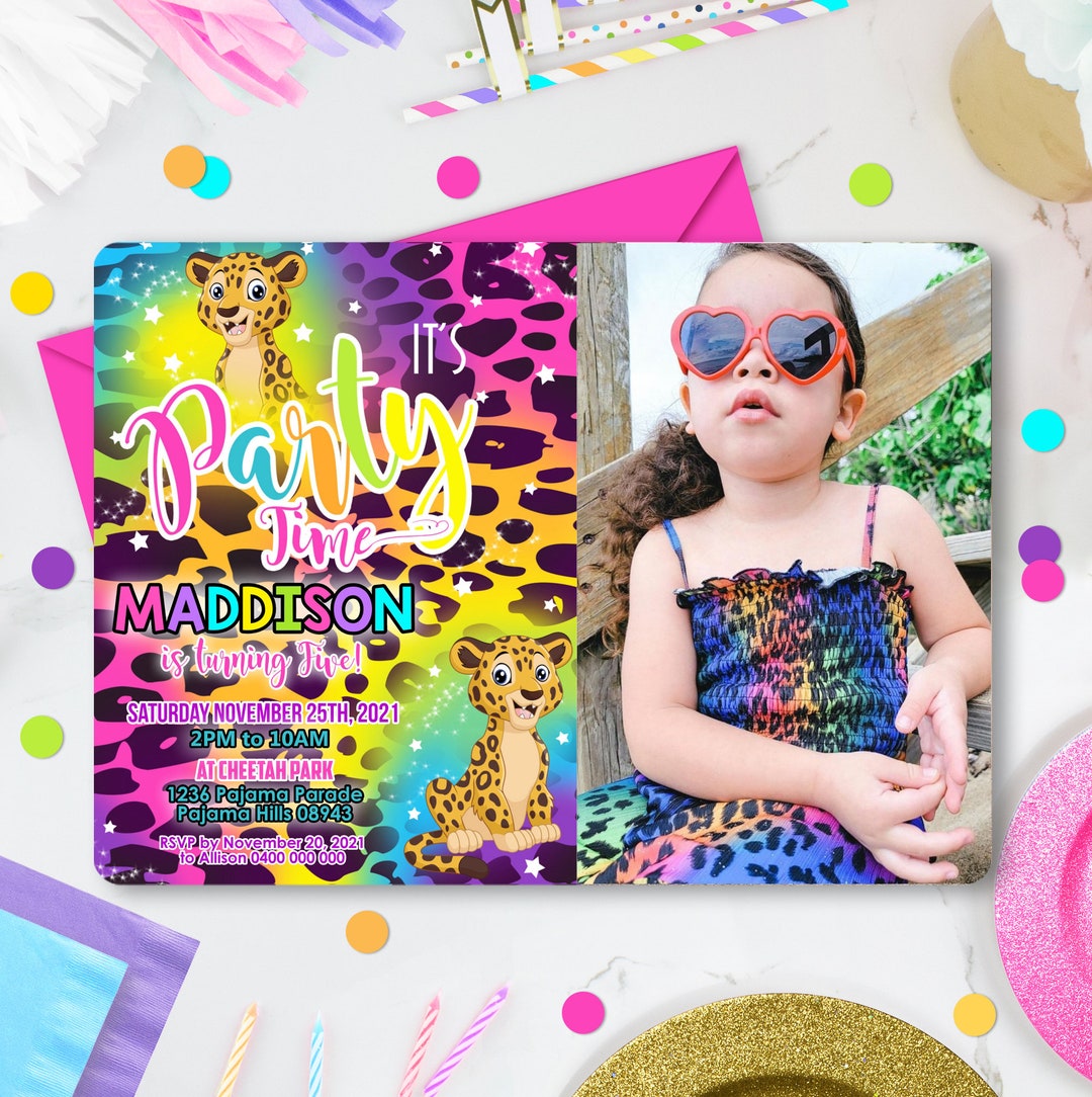 Rainbow Cheetah Birthday Invitation: Editable Photo Party Invite ...