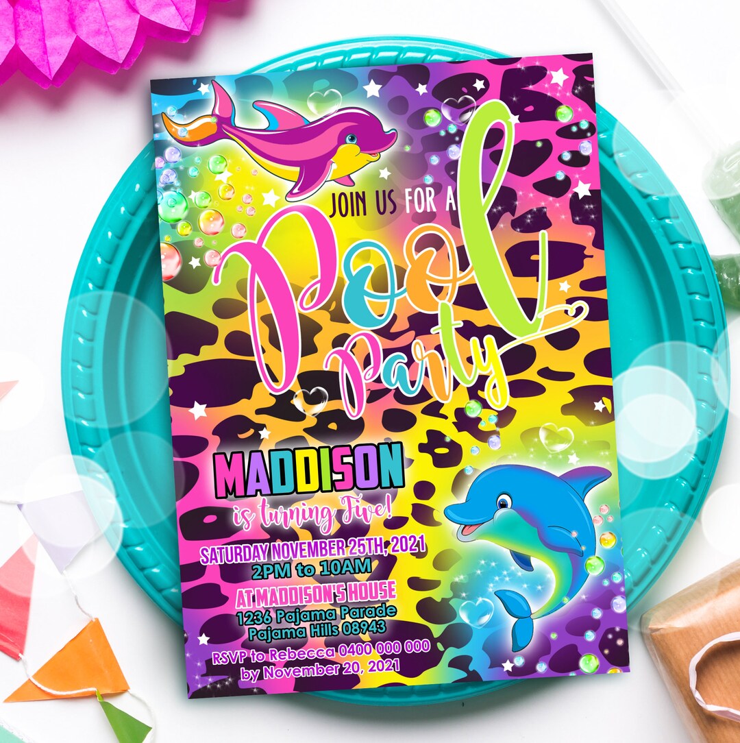 Rainbow Dolphin Pool Party Invitation: Cheetah Print, Editable (digital ...