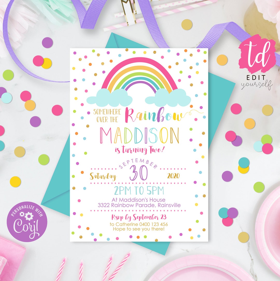 RAINBOW INVITATIONS Instant Download Rainbow Invitation Editable ...