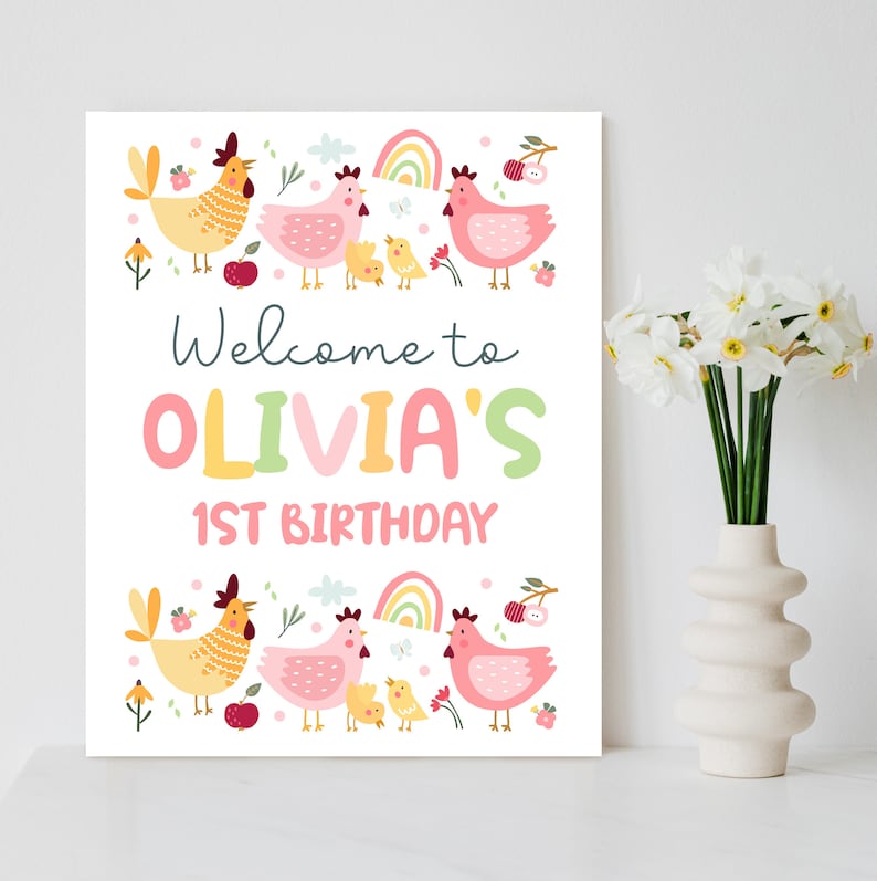 Editable Chicken Welcome Sign: Spring Birthday Party Decor (digital ...